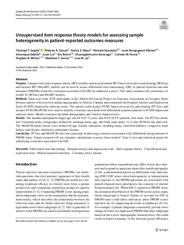 (PDF) Unsupervised item response theory models for assessing sample heterogeneity in patient ...