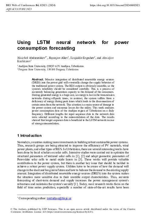 (PDF) Using LSTM neural network for power consumption forecasting