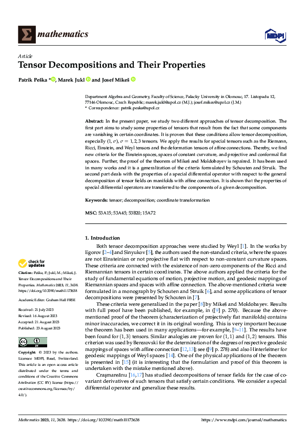 (PDF) Tensor Decompositions and Their Properties