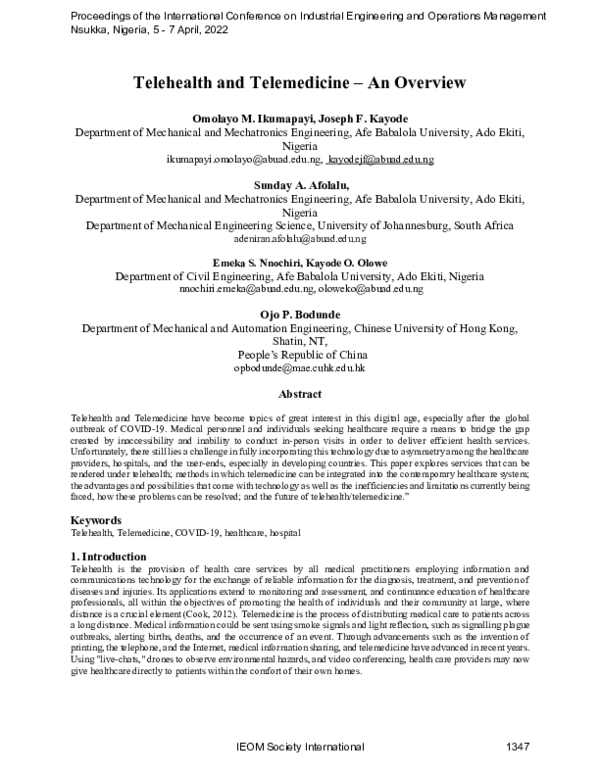 (PDF) Telehealth and Telemedicine – An Overview