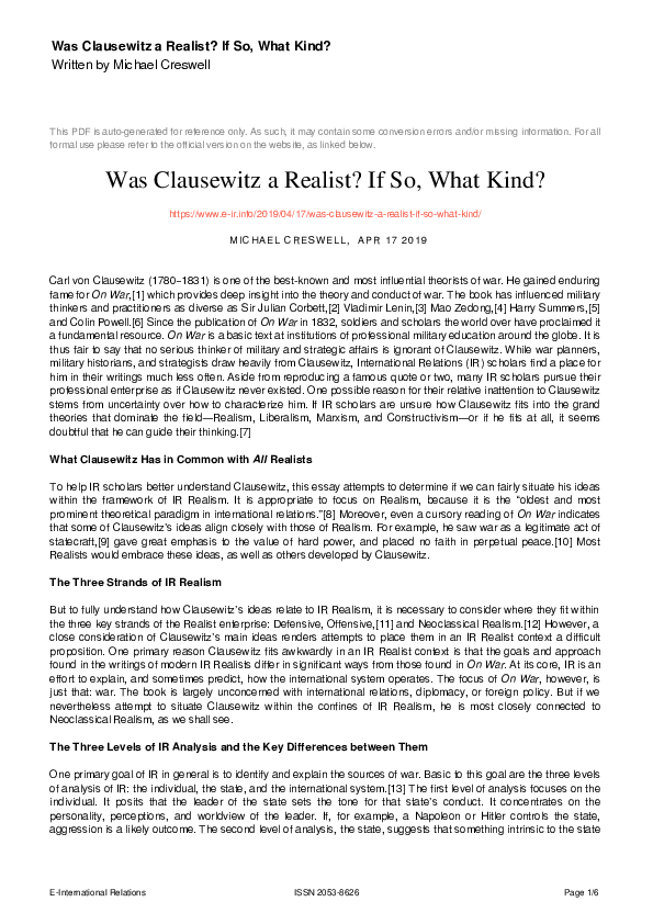 (PDF) Was Clausewitz a Realist? If So, What Kind?