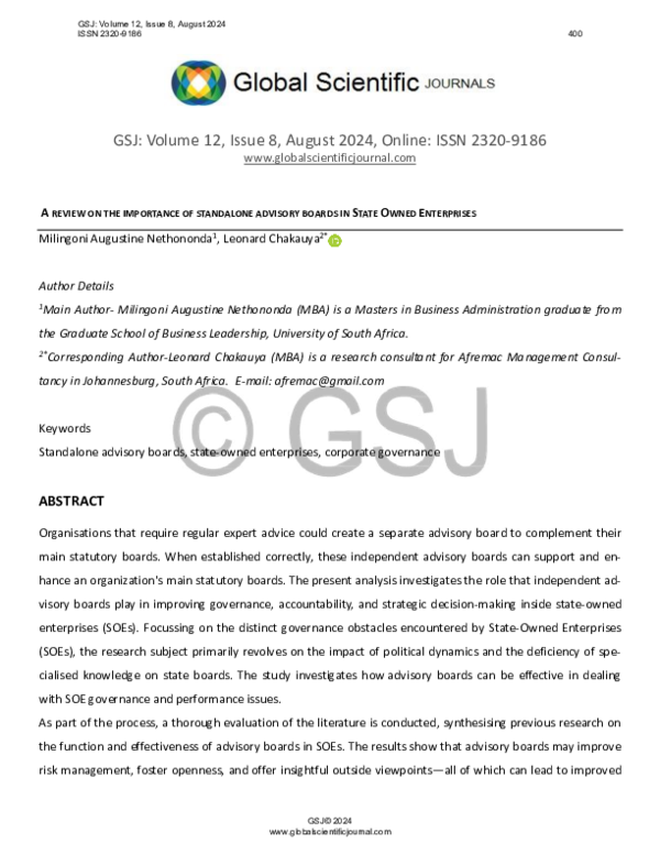 (PDF) A REVIEW ON THE IMPORTANCE OF STANDALONE ADVISORY BOARDS IN STATE ...