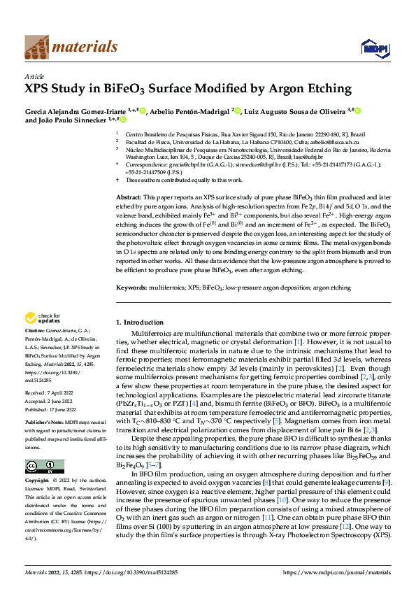 (PDF) XPS Study in BiFeO 3 Surface Modified by Argon Etching