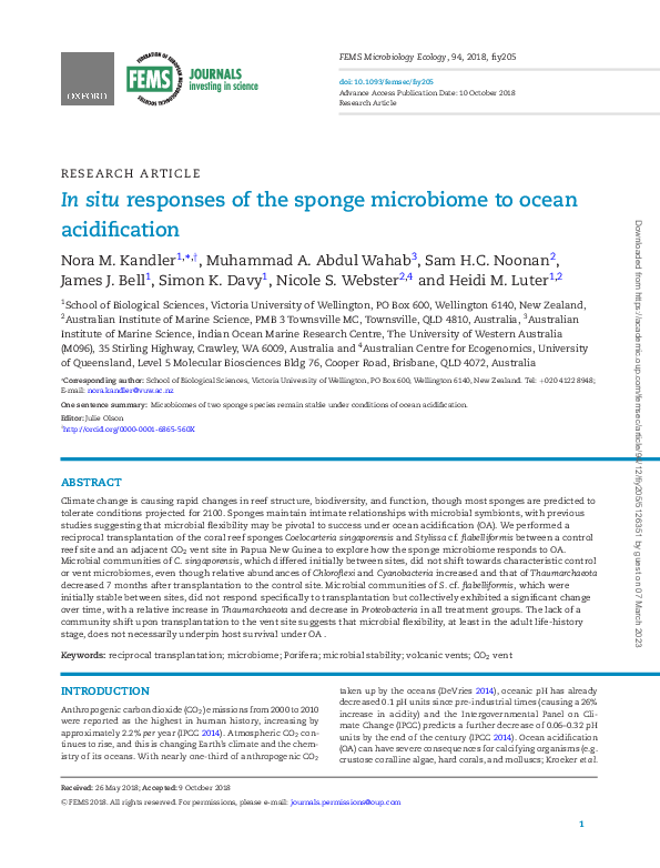 (PDF) In situ responses of the sponge microbiome to ocean acidification