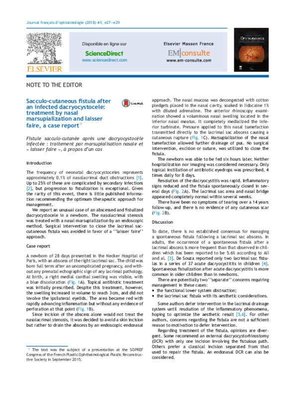(PDF) Sacculo-cutaneous fistula after an infected dacryocystocele ...