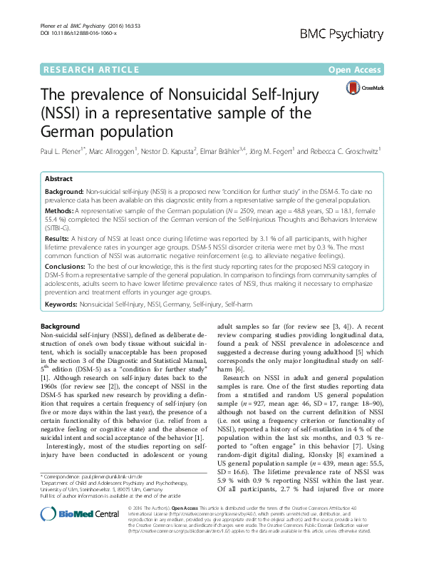 (PDF) The prevalence of Nonsuicidal Self-Injury (NSSI) in a ...