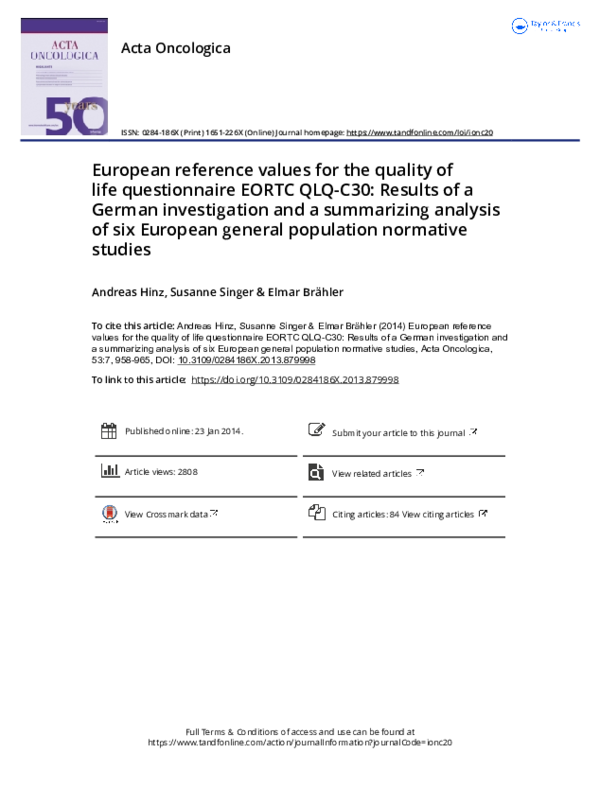 (PDF) European reference values for the quality of life questionnaire EORTC QLQ-C30: Results of ...