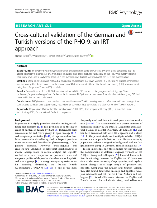 (PDF) Cross-cultural validation of the German and Turkish versions of ...
