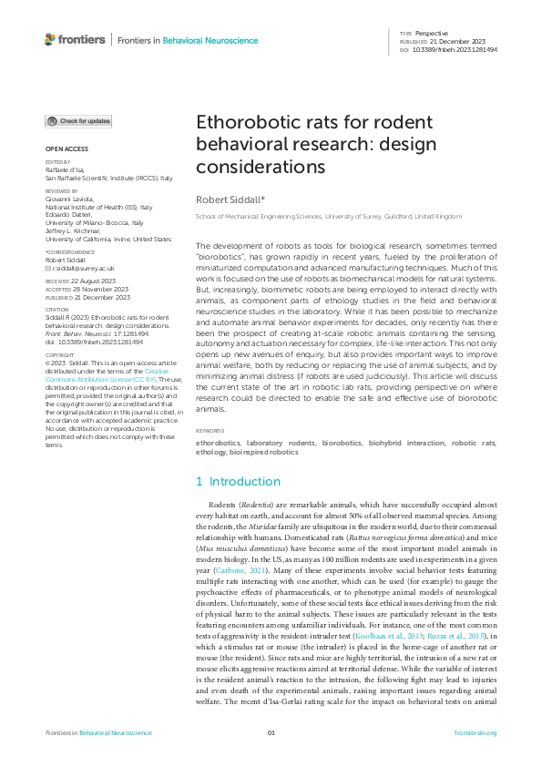 (PDF) Ethorobotic rats for rodent behavioral research: design ...