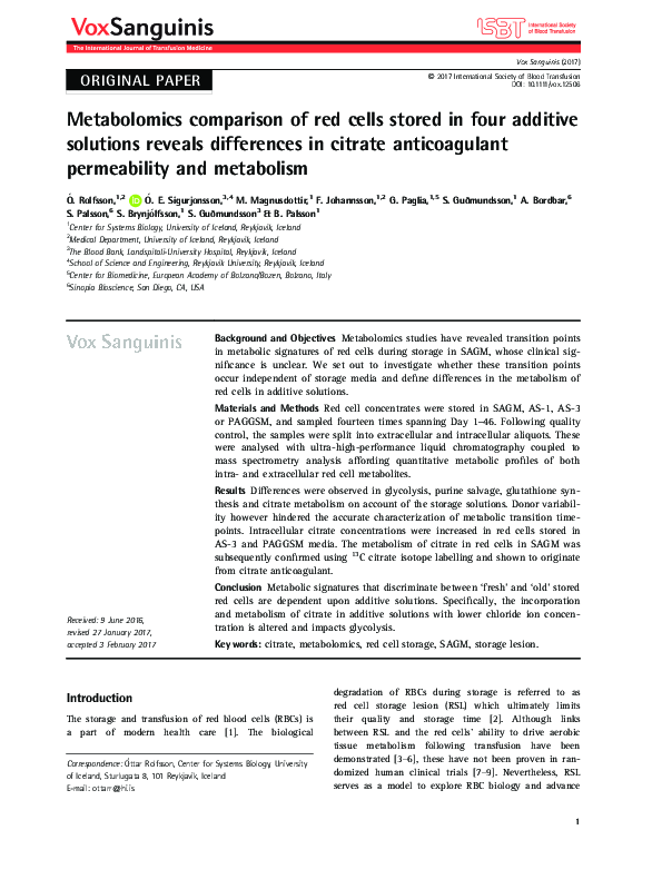 (PDF) Metabolomics comparison of red cells stored in four additive ...