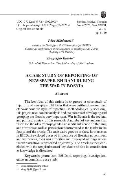 (PDF) A Case Study of Reporting of Newspaper BH Dani During the War in ...