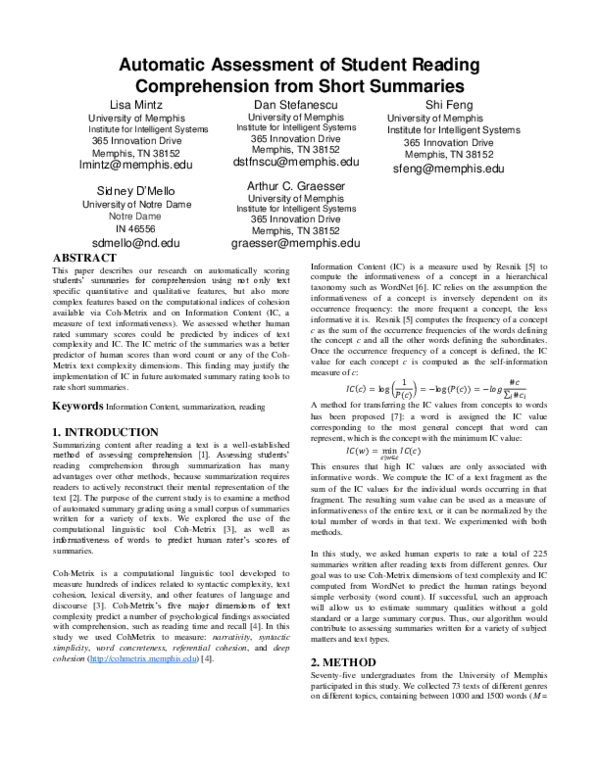 (PDF) Automatic Assessment of Student Reading Comprehension from Short ...