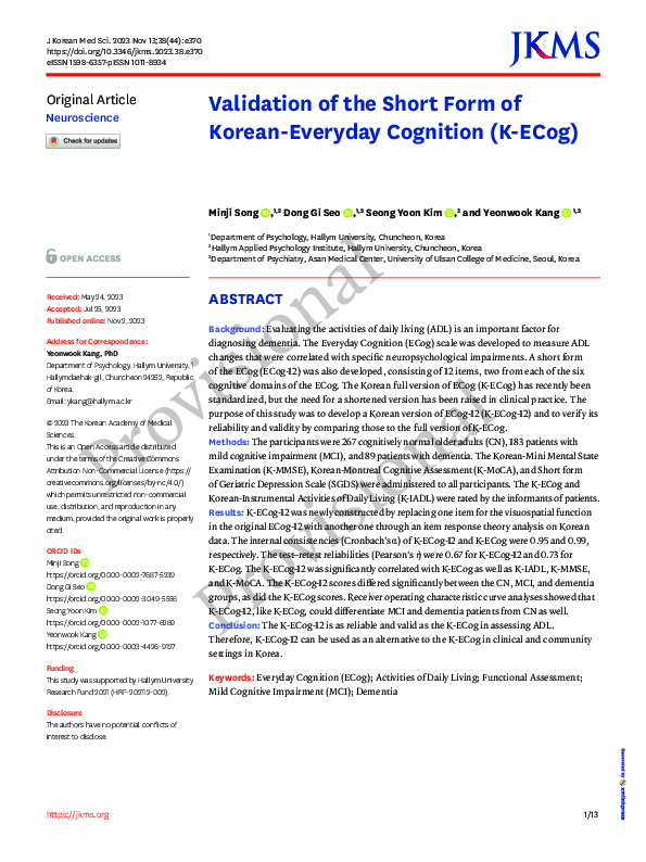 (PDF) Validation of the Short Form of Korean-Everyday Cognition (K-ECog)