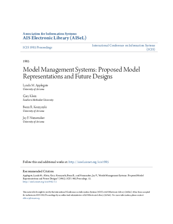(PDF) Model Management Systems: Proposed Model Representations and ...