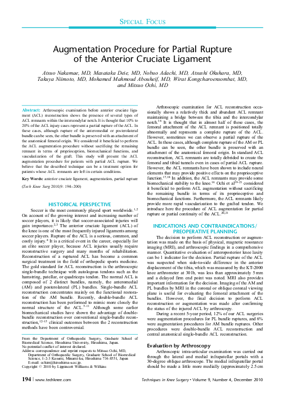 (PDF) Augmentation Procedure for Partial Rupture of the Anterior ...
