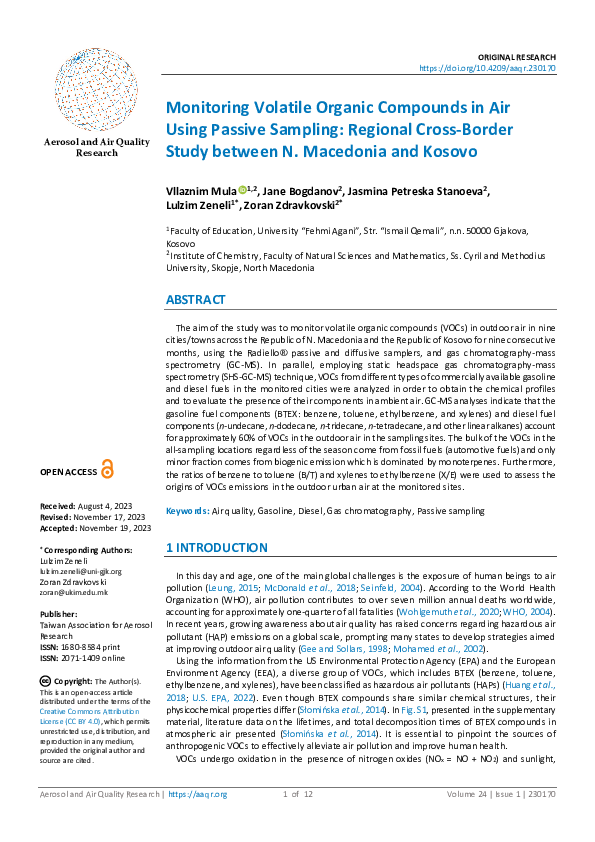 (PDF) Monitoring Volatile Organic Compounds in Air Using Passive Sampling: Regional Cross-Border ...