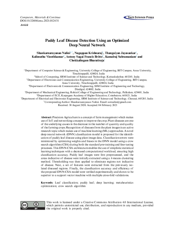 (PDF) Paddy Leaf Disease Detection Using an Optimized Deep Neural Network