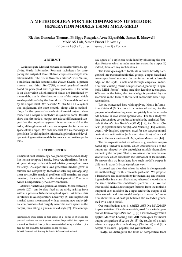 (PDF) A Methodology For The Comparison Of Melodic Generation Models ...