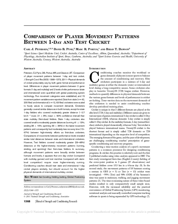 (PDF) Comparison of Player Movement Patterns Between 1-Day and Test Cricket