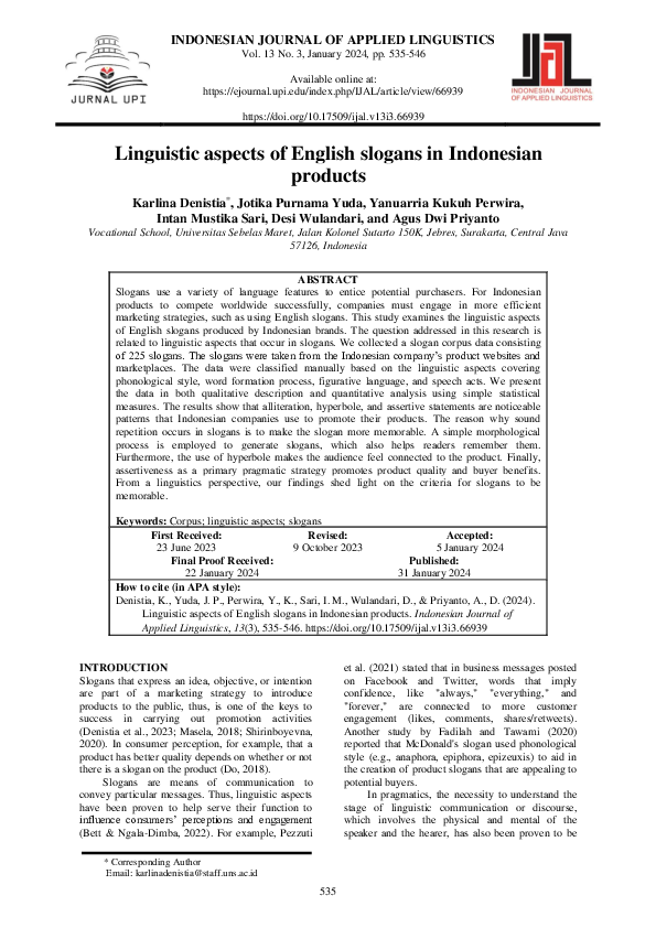 (PDF) Linguistic aspects of English slogans in Indonesian products