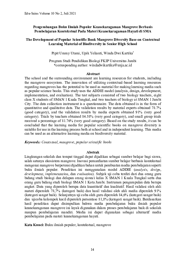 (PDF) Pengembangan Buku Ilmiah Populer Keanekaragaman Mangrove Berbasis Pembelajaran Kontekstual ...
