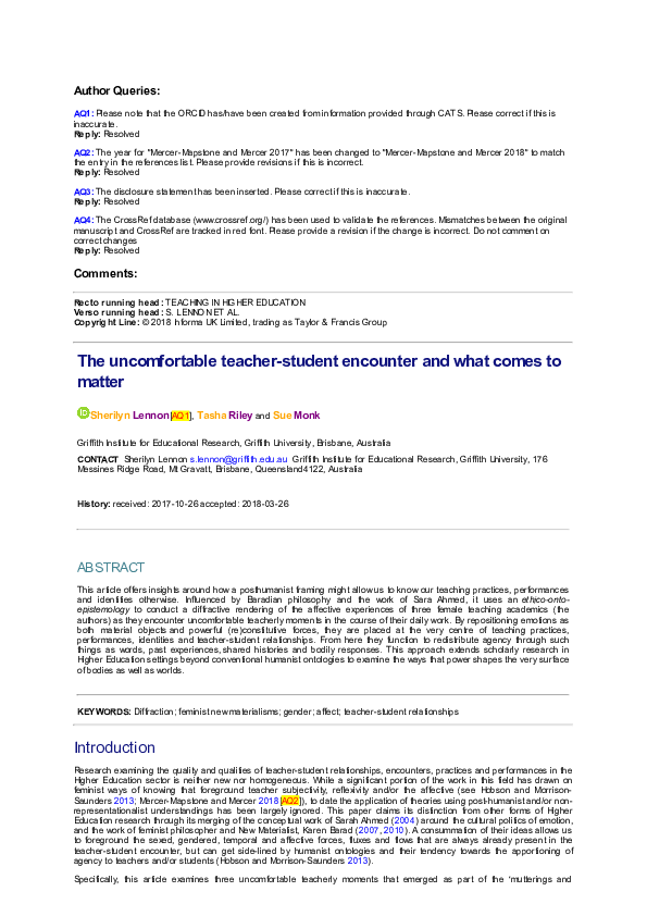 (PDF) The uncomfortable teacher-student encounter and what comes to matter