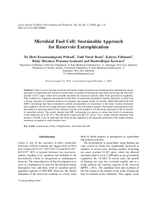 (PDF) Microbial Fuel Cell: Sustainable Approach for Reservoir Eutrophication