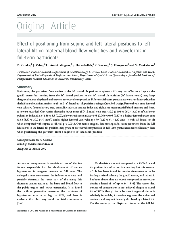 (PDF) Effect of positioning from supine and left lateral positions to ...