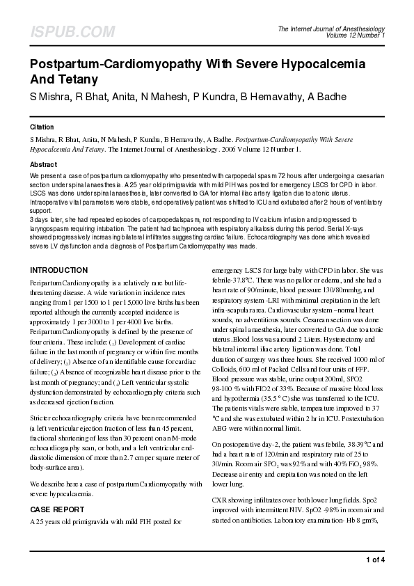 (PDF) Postpartum-Cardiomyopathy With Severe Hypocalcemia And Tetany ...