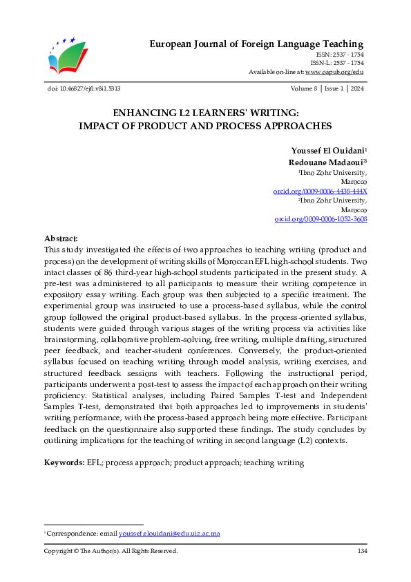(PDF) Enhancing L2 Learners' Writing: Impact of Product and Process Approaches