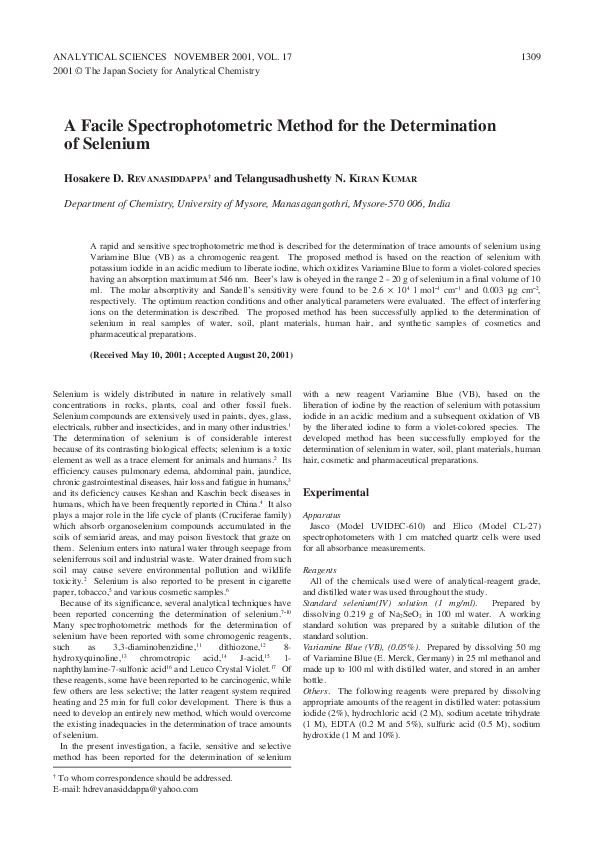 (PDF) A Facile Spectrophotometric Method for the Determination of Selenium