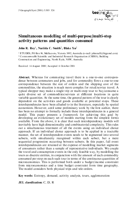 Pdf Simultaneous Modelling Of Multi Purposemulti Stop Activity Patterns And Quantities Consumed