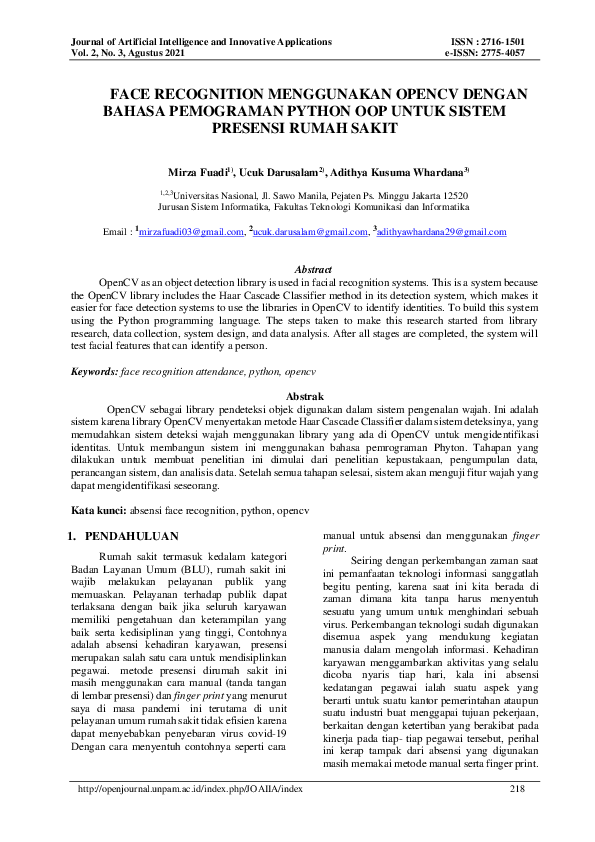 (PDF) Face Recognition Menggunakan Opencv Dengan Bahasa Pemograman ...