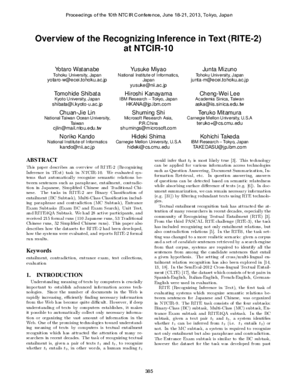 (PDF) Overview of the Recognizing Inference in Text (RITE-2) at NTCIR-10
