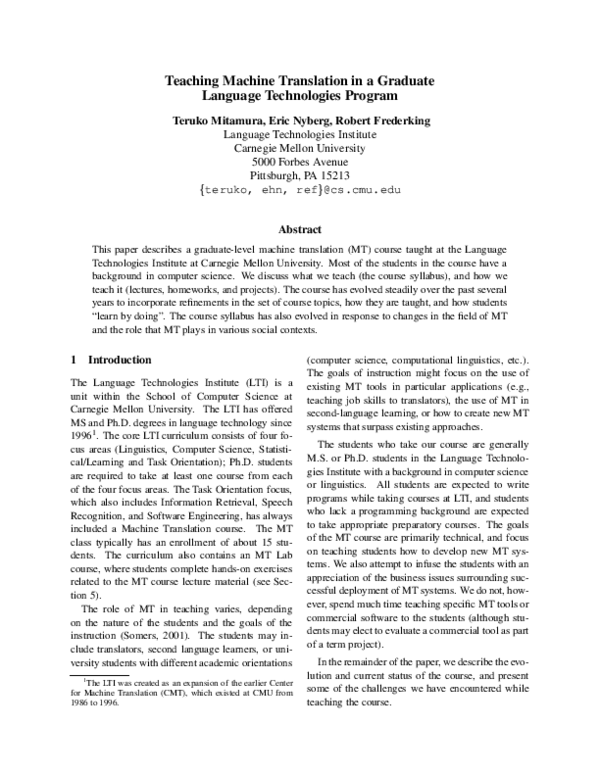 (PDF) Teaching machine translation in a graduate language technologies ...