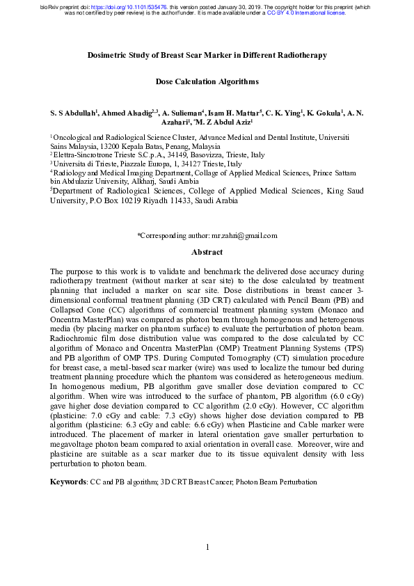 (PDF) Dosimetric Study of Breast Scar Marker in Different Radiotherapy Dose Calculation Algorithms
