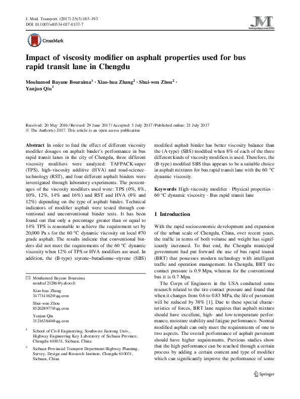 (PDF) Impact of viscosity modifier on asphalt properties used for bus rapid transit lane in Chengdu