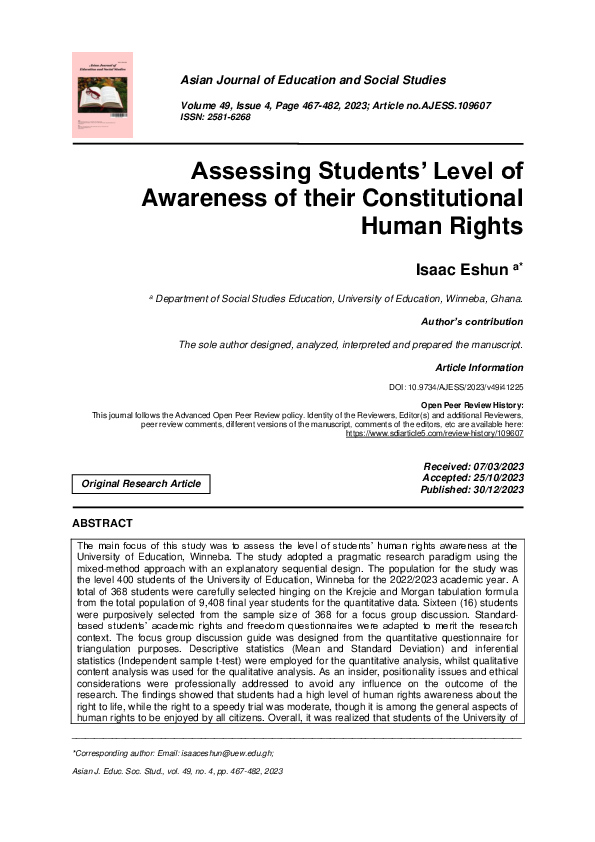 (PDF) Assessing Students’ Level of Awareness of their Constitutional ...