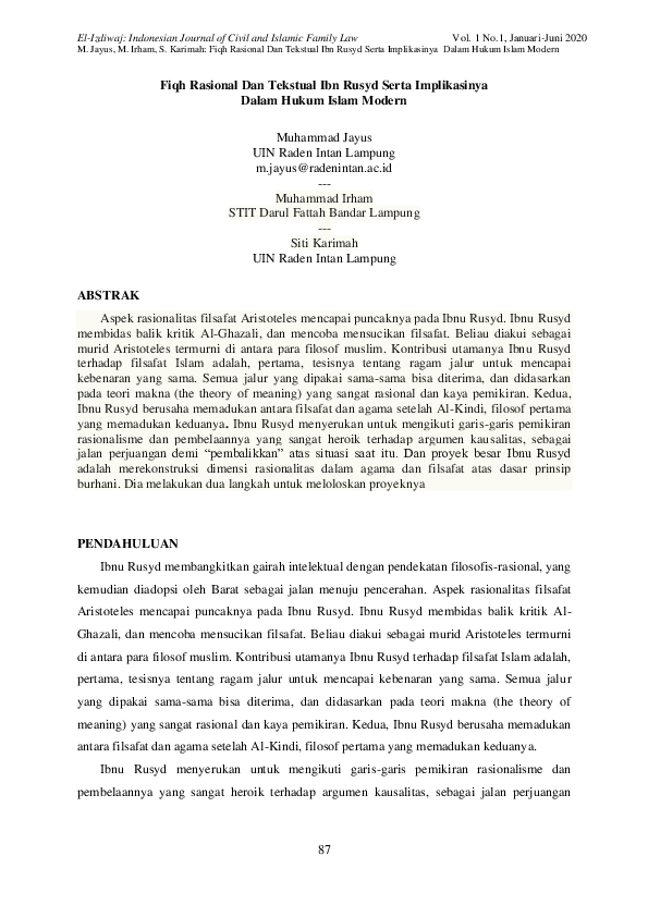 (PDF) Fiqh Rasional Dan Tekstual Ibn Rusyd dan Implikasinya bagi Hukum ...