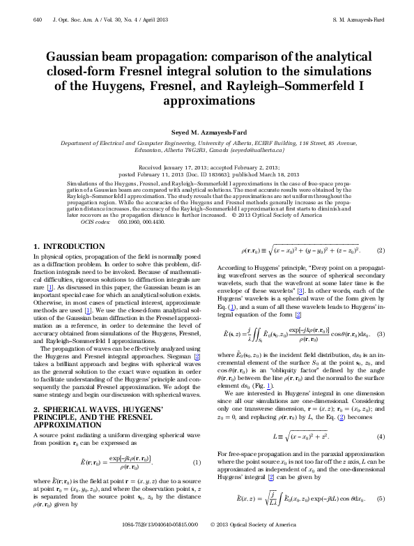 (PDF) Gaussian beam propagation: comparison of the analytical closed-form Fresnel integral ...
