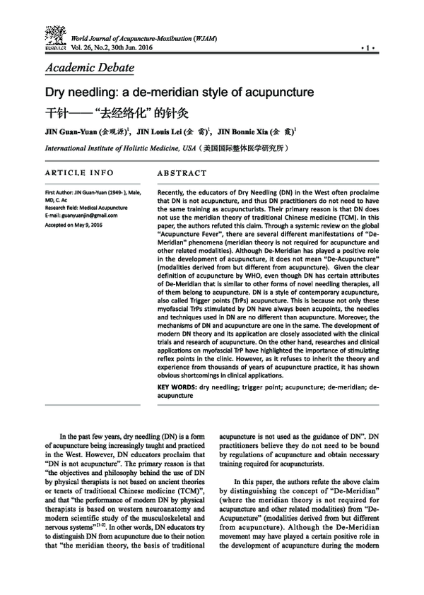 (PDF) Dry needling: a de-meridian style of acupuncture