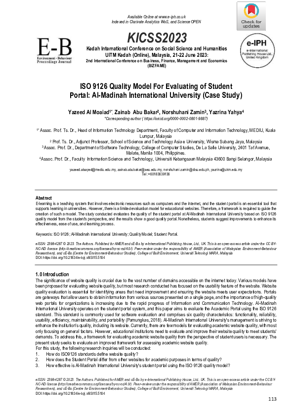 (PDF) ISO 9126 Quality Model For Evaluating of Student Portal: Al-Madinah International ...