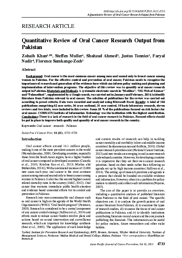 (PDF) Quantitative Review of Oral Cancer Research Output from Pakistan