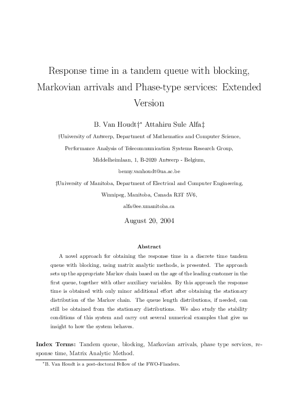 (PDF) Response time in a tandem queue with blocking, Markovian arrivals and phase-type services