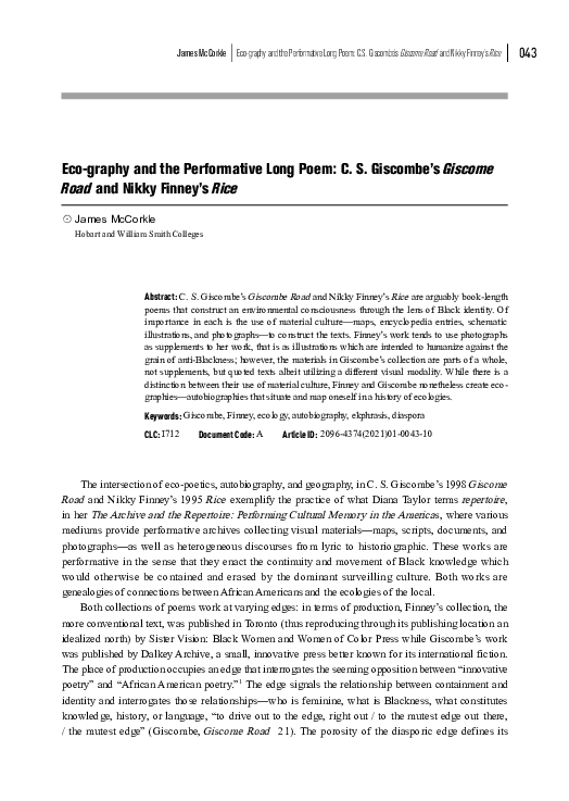 (PDF) Eco-graphy and the Performative Long Poem: C. S. Giscombe’s ...