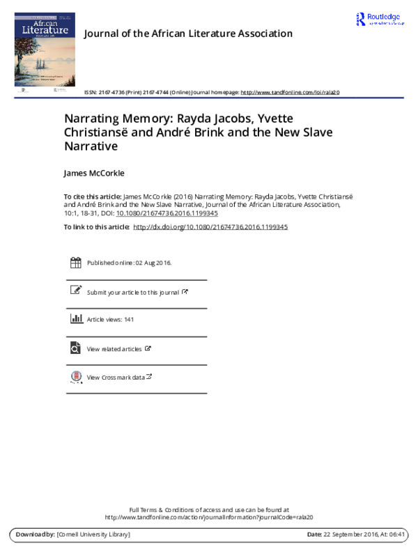 (PDF) Narrating Memory: Rayda Jacobs, Yvette Christiansë and André ...