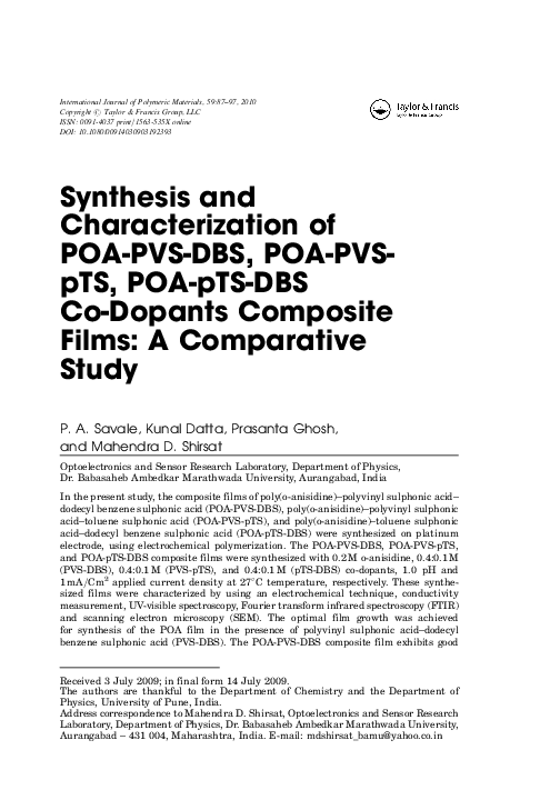 (PDF) Synthesis and Characterization of POA-PVS-DBS, POA-PVS-pTS, POA-pTS-DBS Co-Dopants ...