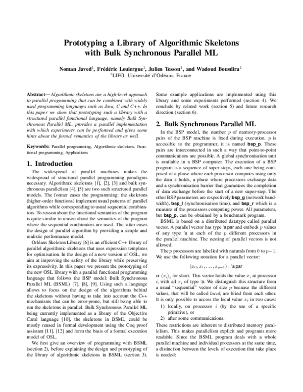 Pdf Prototyping A Library Of Algorithmic Skeletons With Bulk Synchronous Parallel Ml
