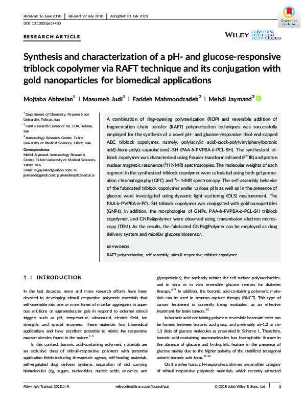 (PDF) Synthesis and characterization of a pH‐ and glucose‐responsive triblock copolymer via RAFT ...