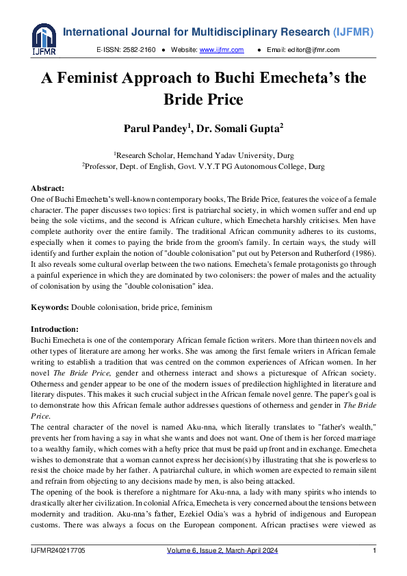 (PDF) A Feminist Approach to Buchi Emecheta's the Bride Price